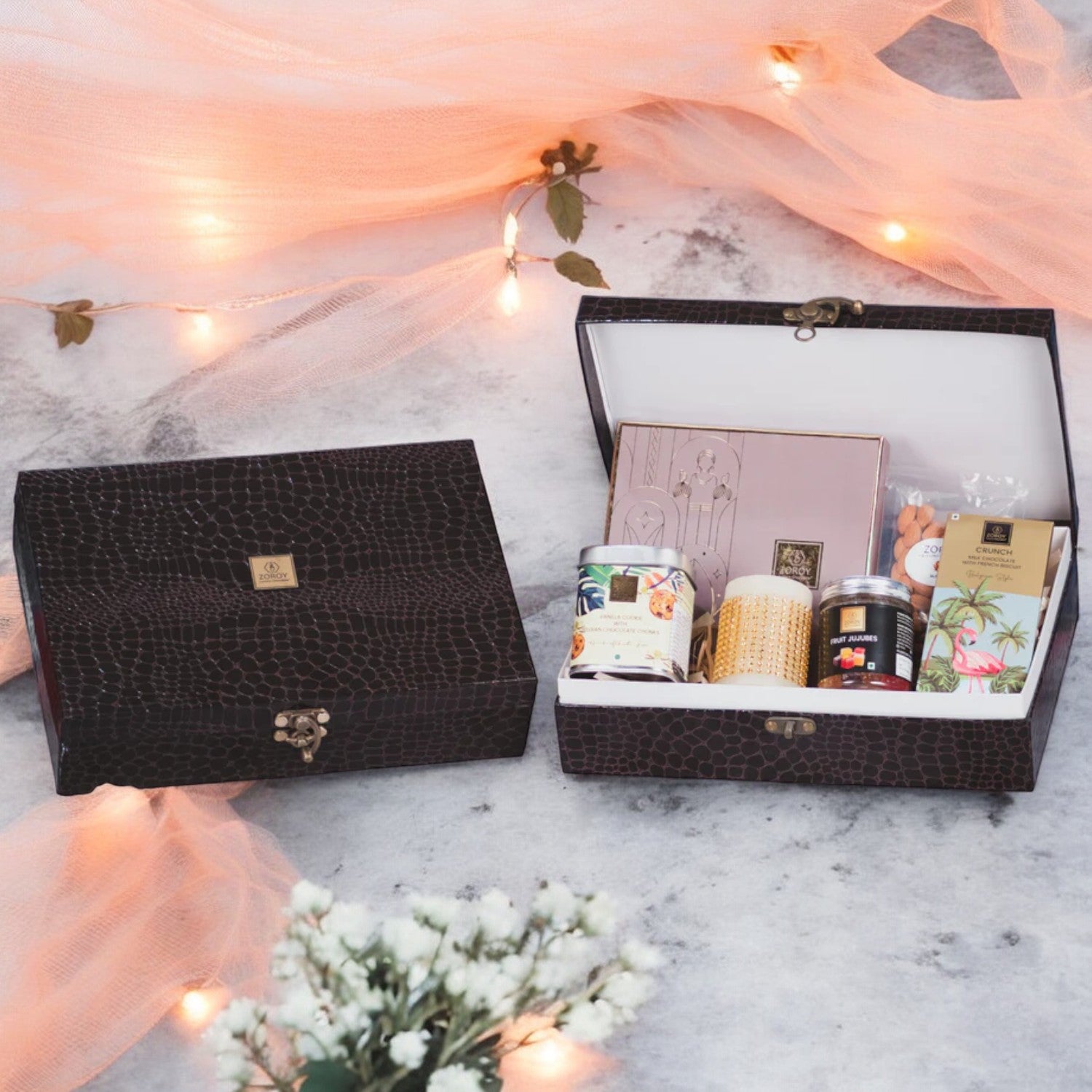 ZOROY Chest Sandook Gift Box with Assorted Cookies, Chocolates & Candl